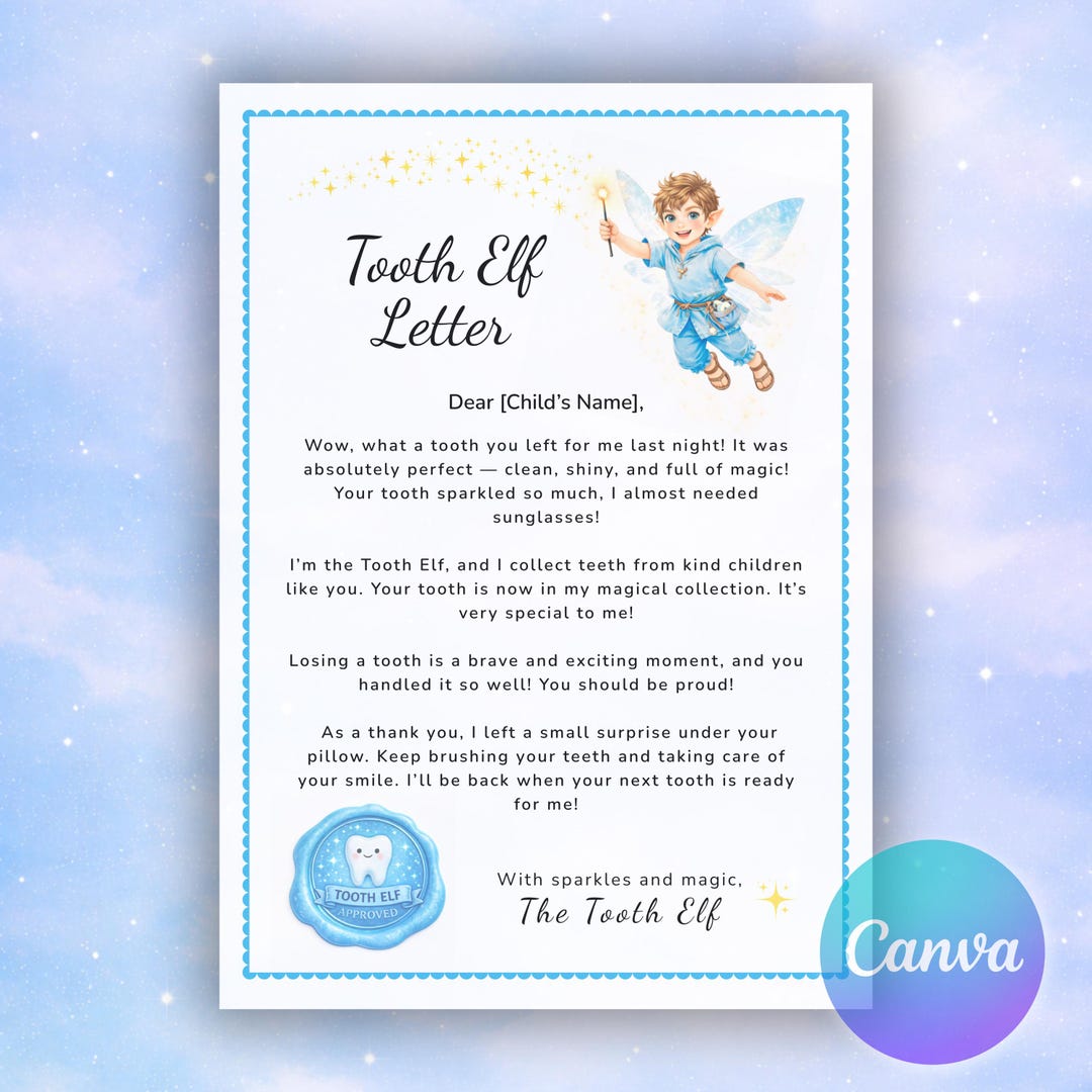 Editable Tooth Elf Letter for Boys, Tooth Fairy Certificate (digital ...