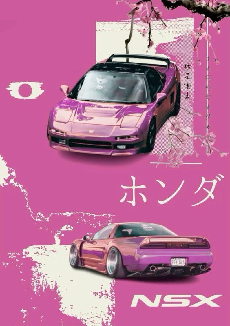 Honda NSX JDM Poster – Retro Japanese Car Wall Art in Pink | Sakura ...
