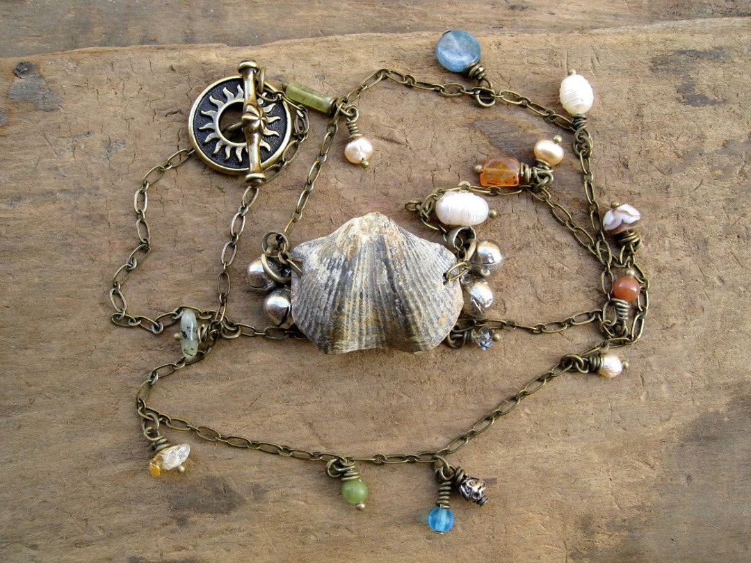 Seashell Fossil Necklace, Whimsical Bohemian Style Tribal Ocean Beach ...