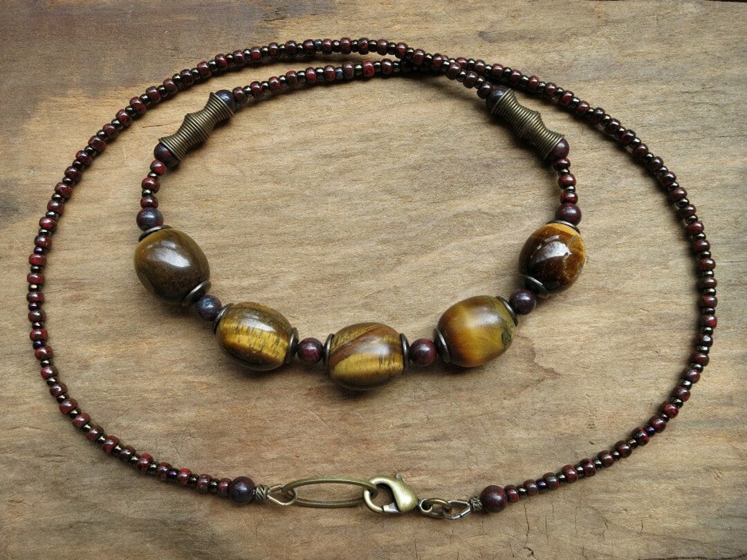 Rustic Tiger's Eye Necklace, Golden Brown and Dark Red Beaded Tigers ...