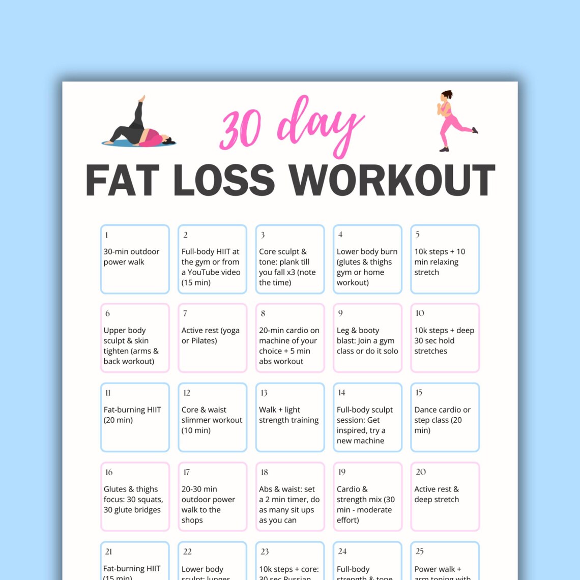 30 Day Fat Loss Workout Challenge | Printable Fitness Planner | Home ...