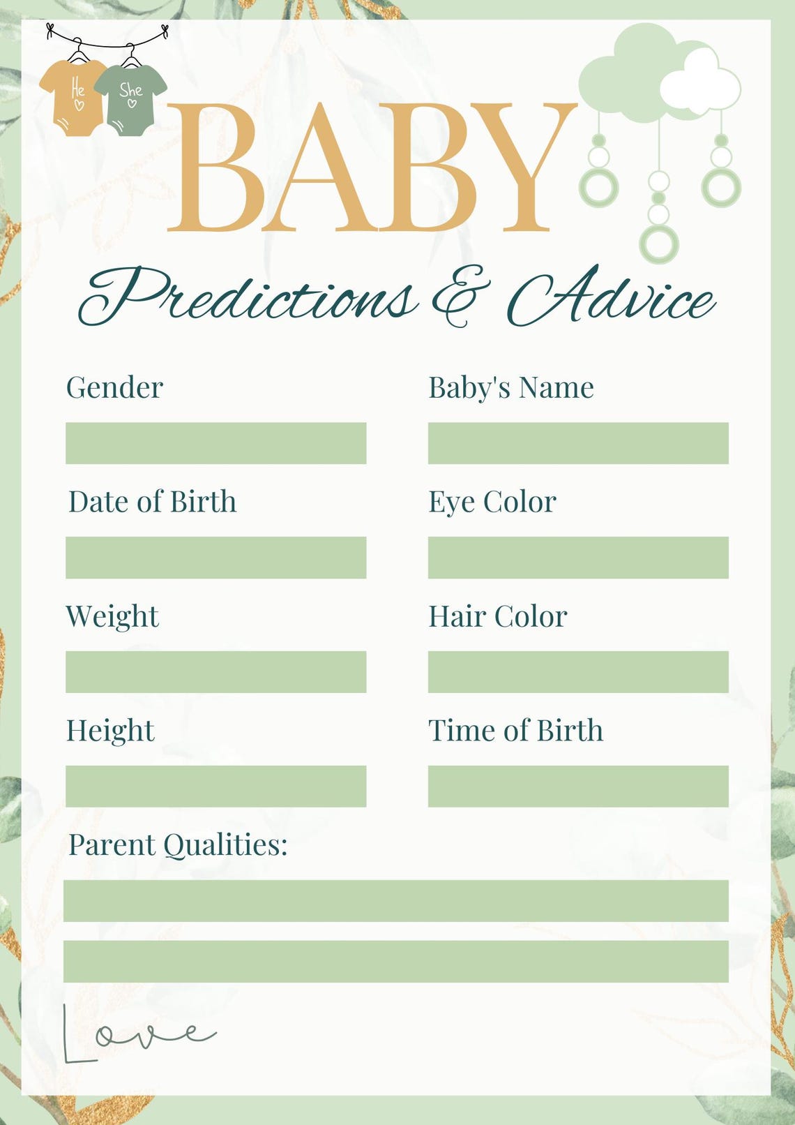 Printable Baby Prediction Cards - Baby Prediction Game Cards - Baby ...
