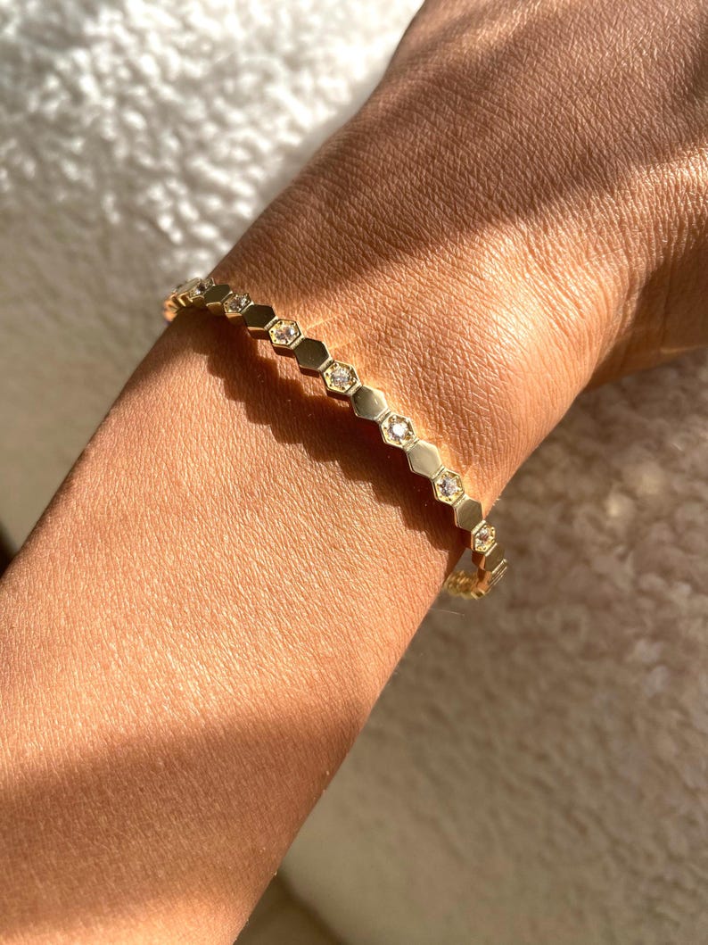 Hexagon Bangle, Honeycomb Bangle, Solid Gold Bangle, Diamond Bracelet ...