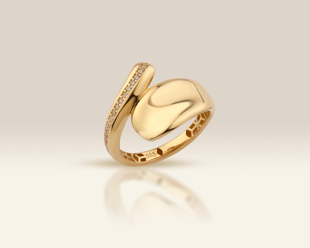 14K Gold Bypass Ring, Dome Teardrop Band - Etsy