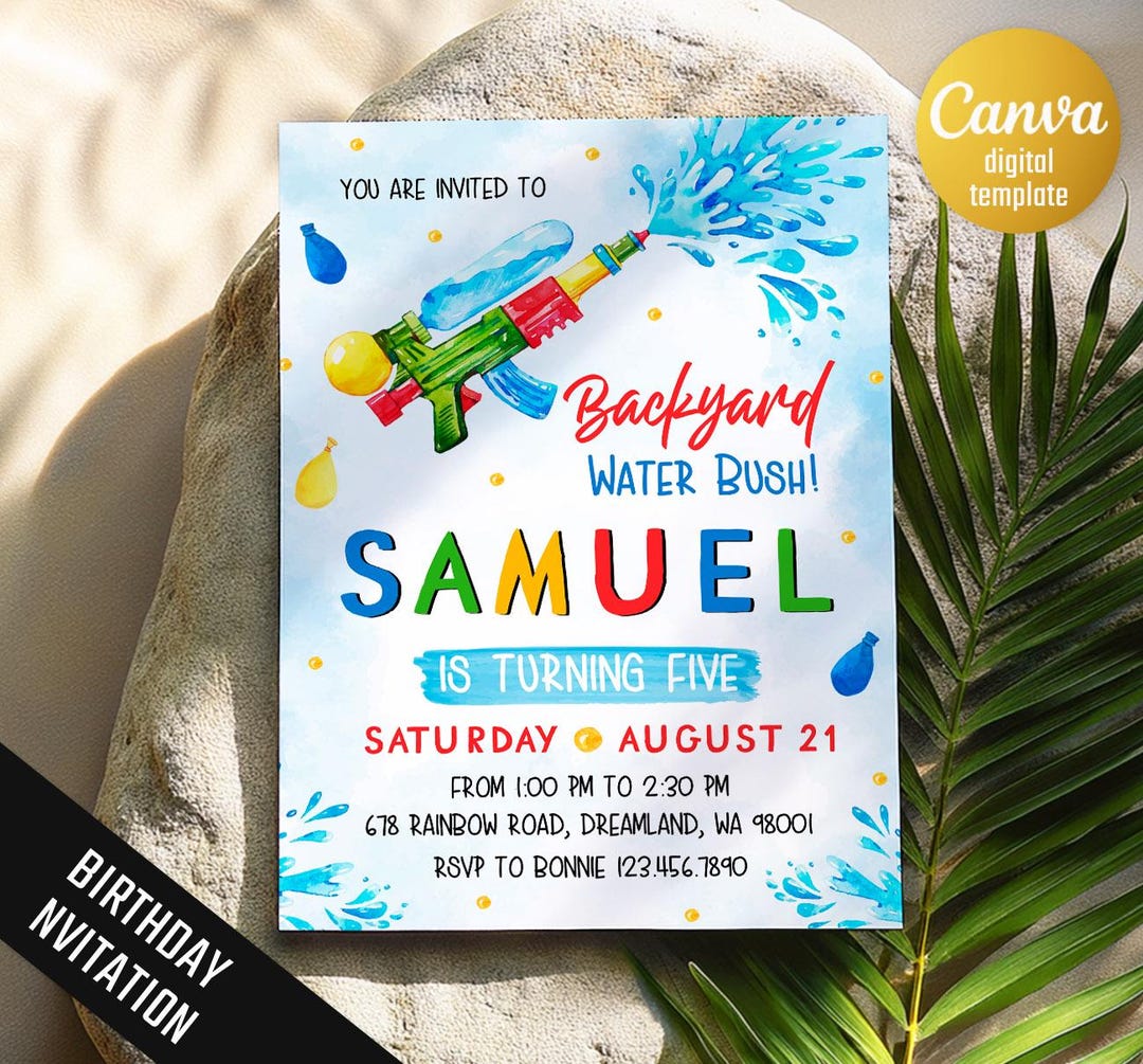Water Gun Birthday Invitation, Backyard Splash Bash for Boys, Editable ...
