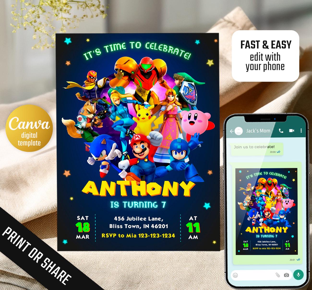 Printable Smash Bros Invitation, Fighting Birthday Invite, Editable ...