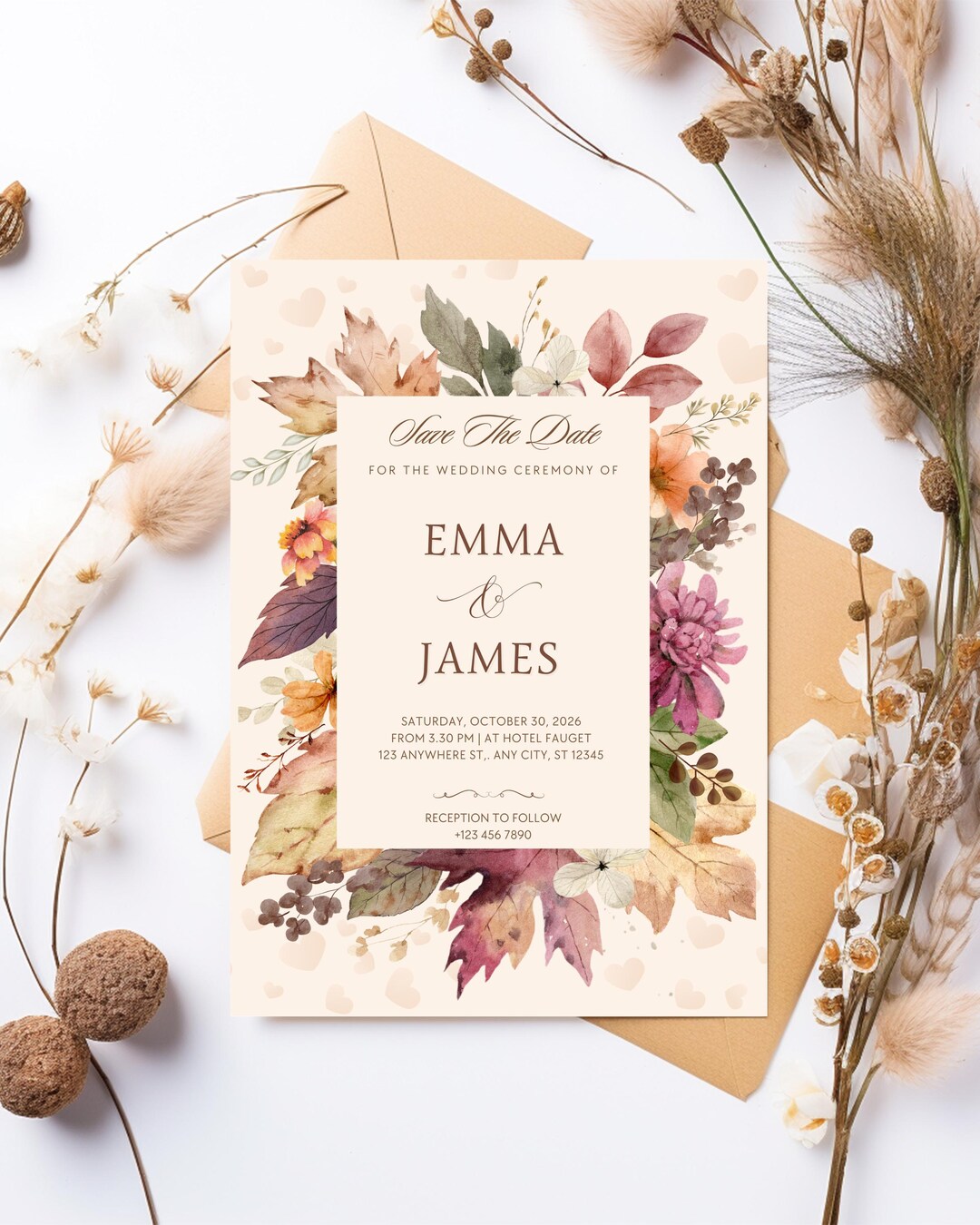 Save the Date Template Fall Wedding Invitation | Autumn Floral Digital ...