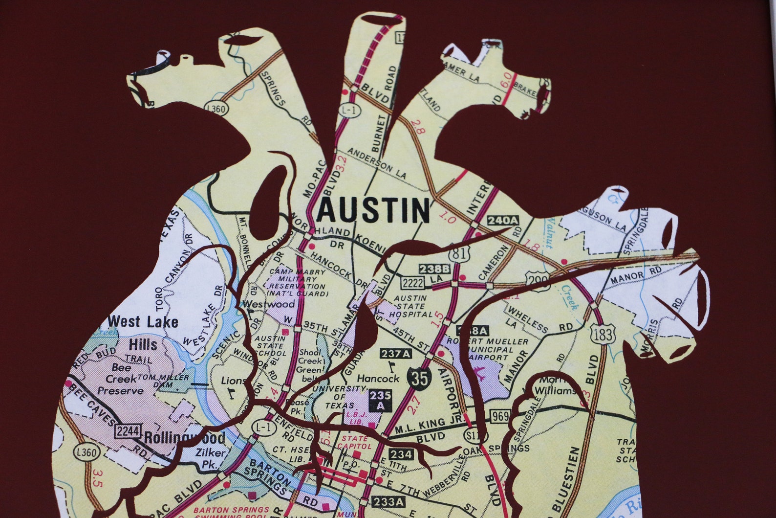 Austin Texas Heart Map Art Print // 11x14 Poster // Anatomical - Etsy