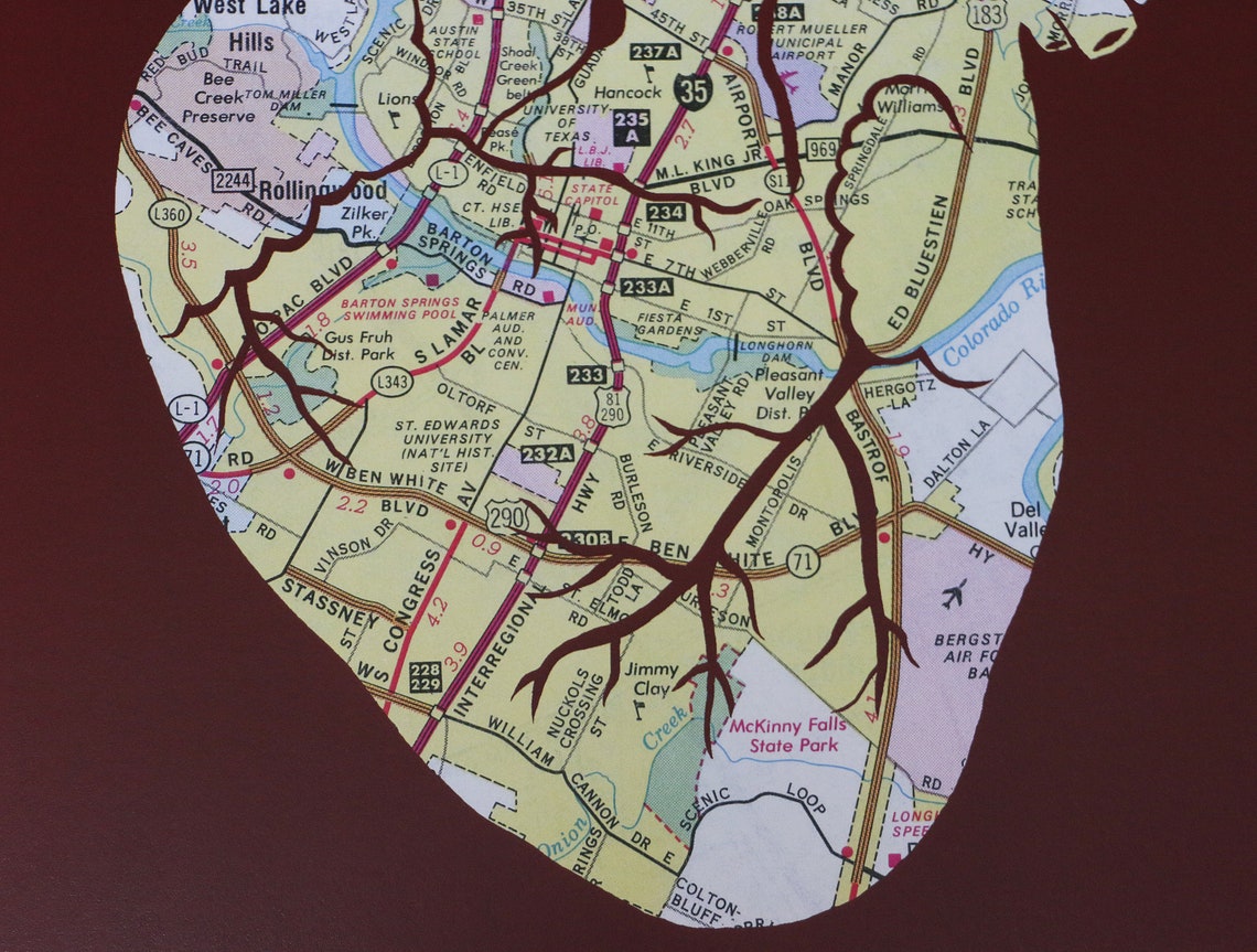 Austin Texas Heart Map Art Print // 11x14 Poster // Anatomical | Etsy