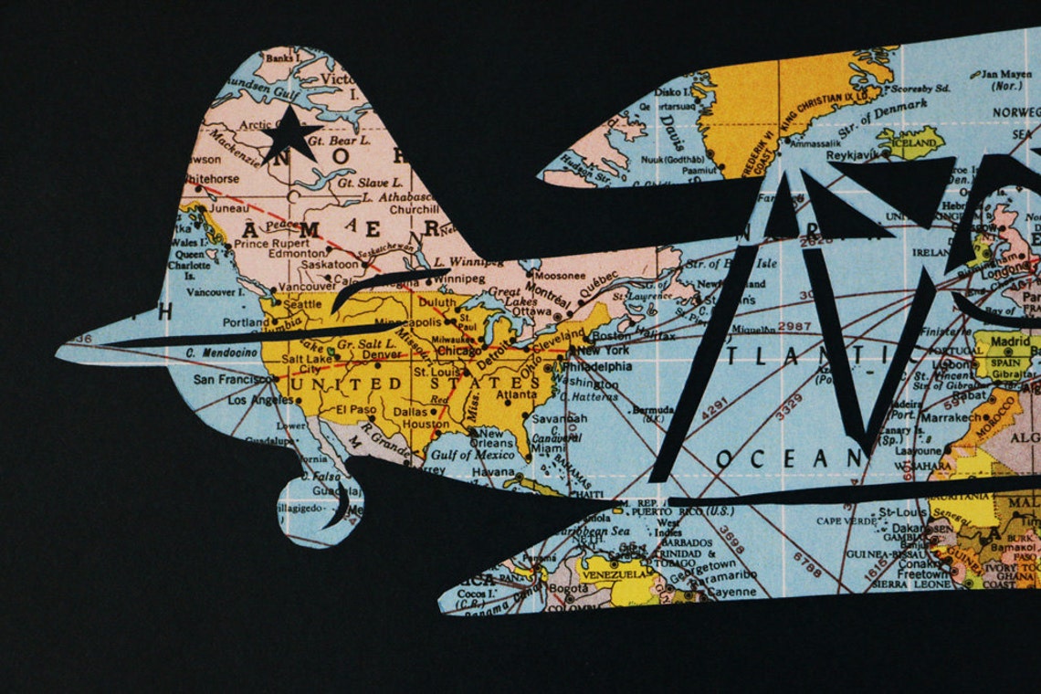 Vintage Airplane Map Art Card // World Map Cut Out Greeting Card ...