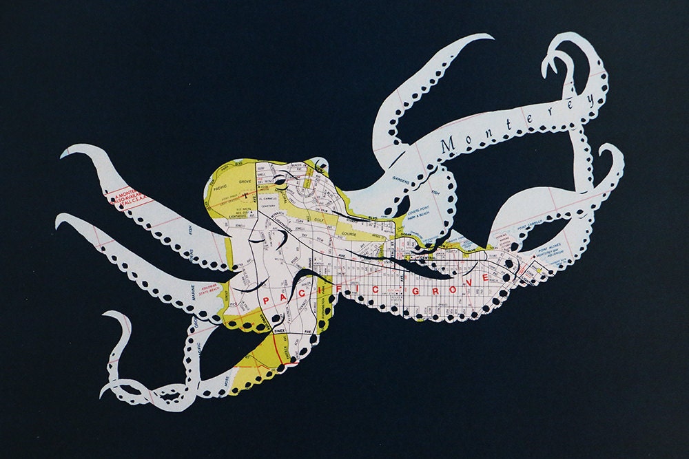 Octopus Map Art Greeting Card // Original Art Papercut Print | Etsy