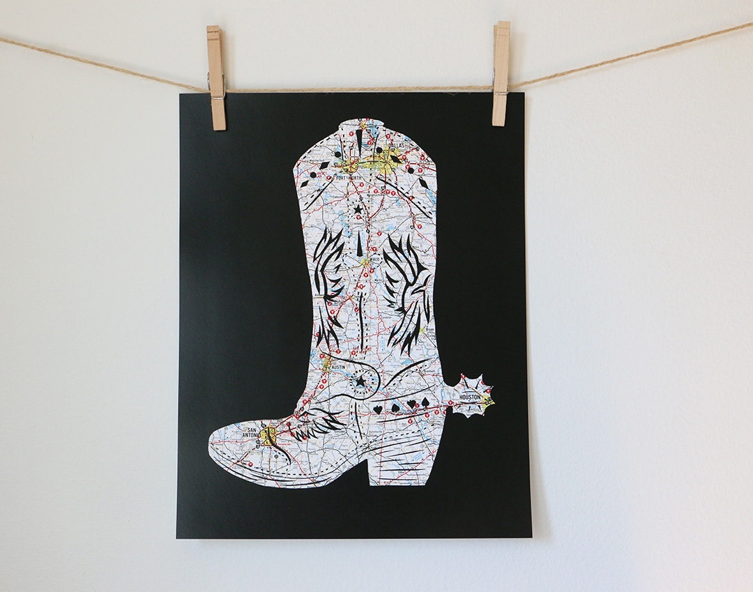 Texas Cowboy Boot Art // Map of Texas Fine Art 11x14 Print // | Etsy