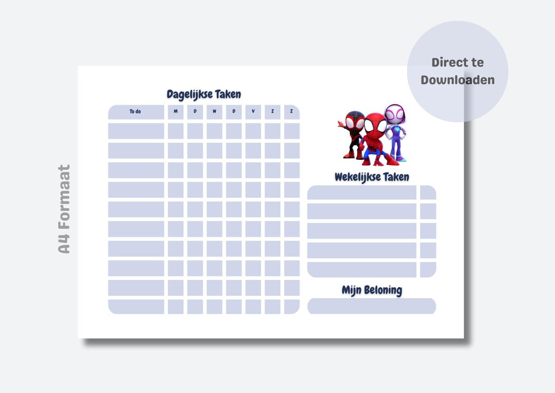 Dutch Reward Chart – Spiderman/spidey Theme – Daily Task Overview ...
