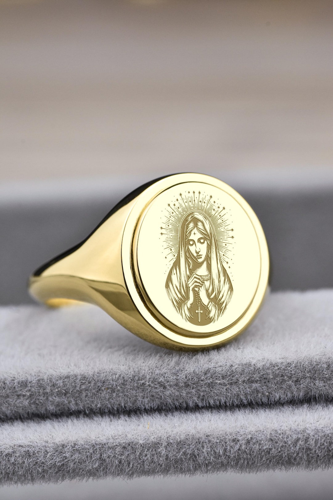 14K Gold Virgin Mary Signet Ring, Oval Engraved Christianity Jewelry ...