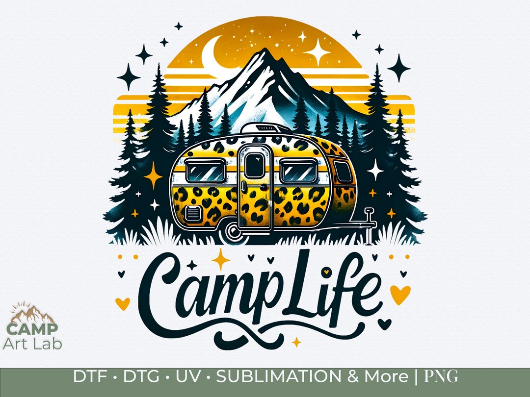 Camp Life Png With Yellow Leopard RV, Mountain Sunset Clipart for ...