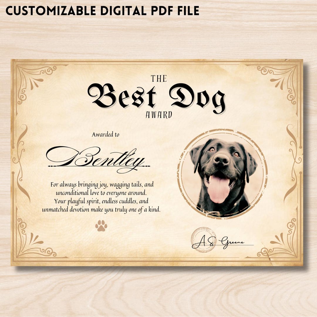 Customizable PDF File Best Dog Award Certificate - Downloadable PDF for ...