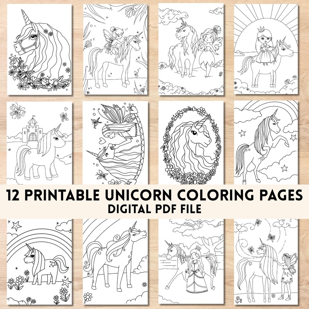 12 Printable Unicorn Coloring Pages - Digital PDF File Download ...