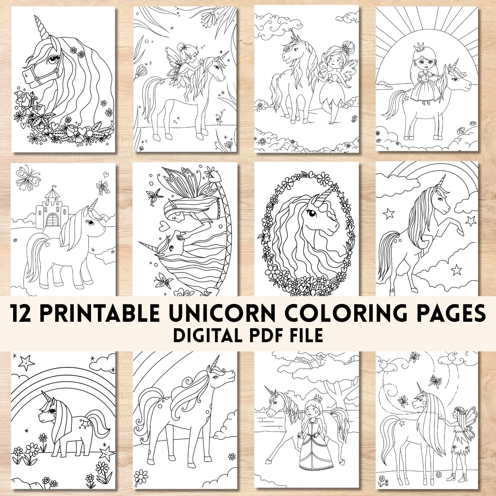 12 Printable Unicorn Coloring Pages - Digital PDF File Download ...