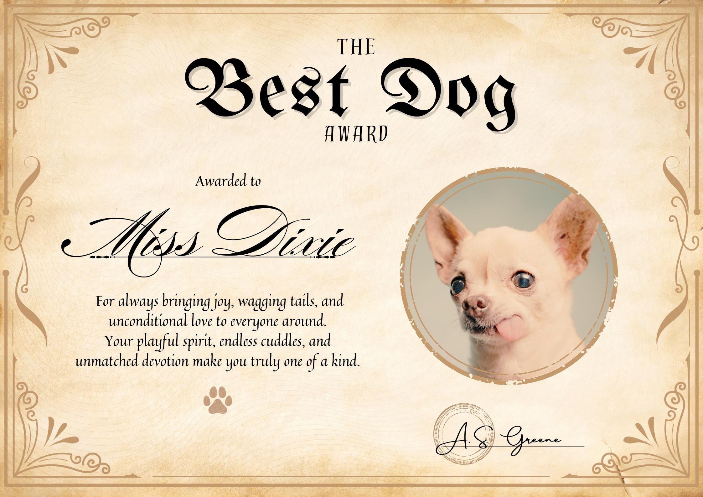 Customizable PDF File Best Dog Award Certificate - Downloadable PDF for ...
