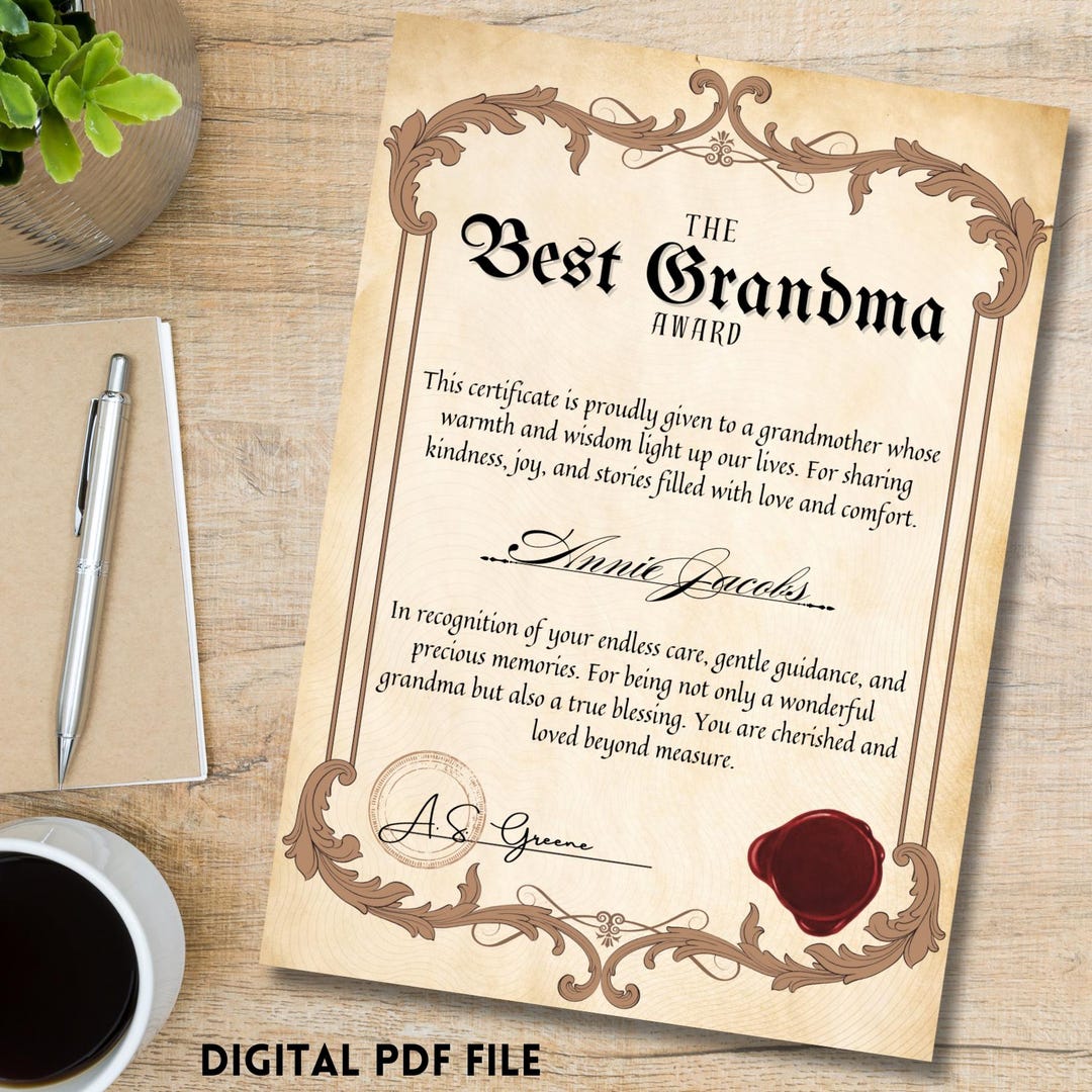 Customizable Printable PDF File Digital Certificate - Best Grandma ...