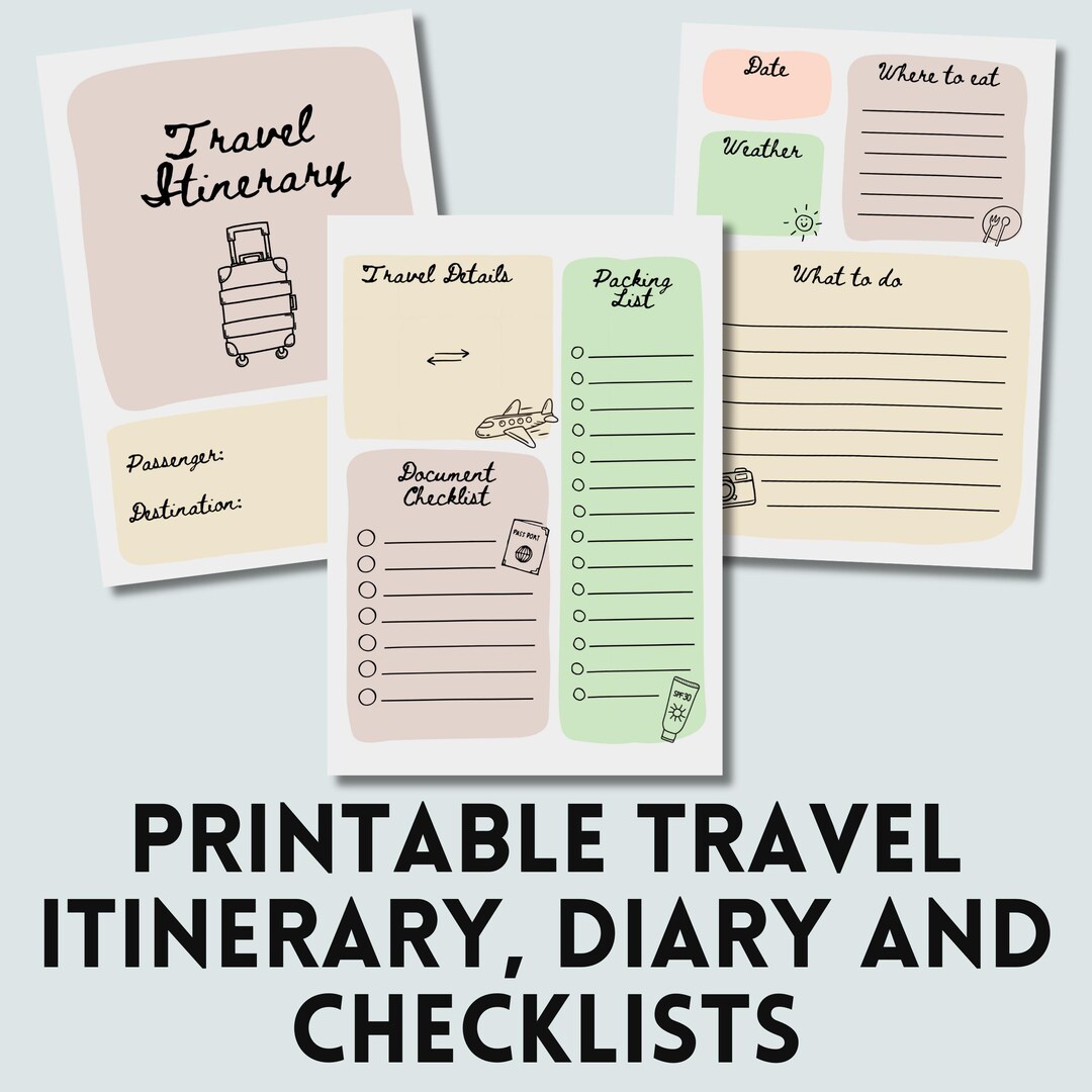 Printable Blank Travel Itinerary and Journal Template With Document ...