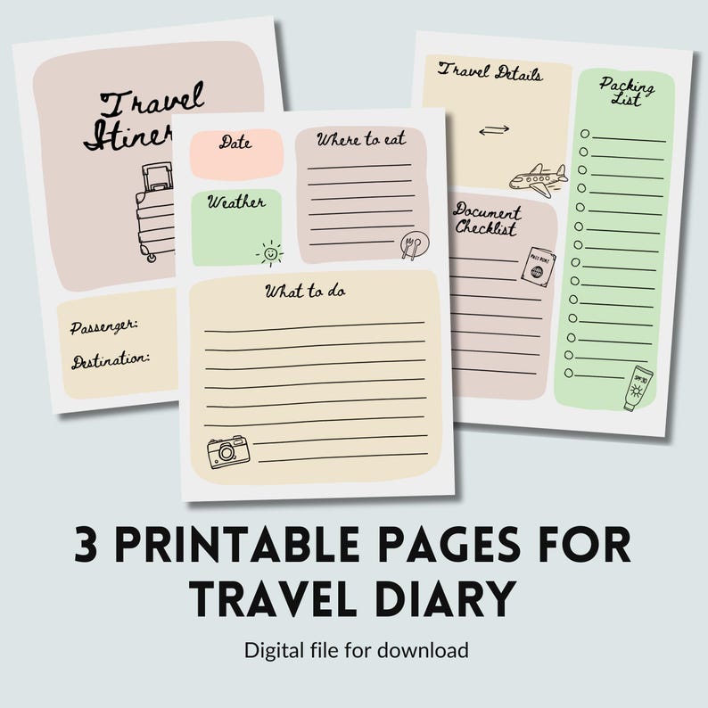 Printable Blank Travel Itinerary and Journal Template With Document ...