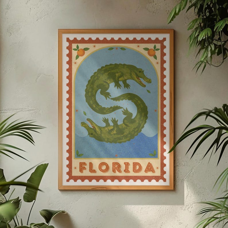 Vintage Stamp Style Florida Alligator Poster Digital Download, Gator ...