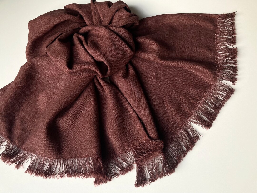 Maroon Brown Scarf, Soft Frayed Linen Viscose Unisex Shawl, Solid Brown ...