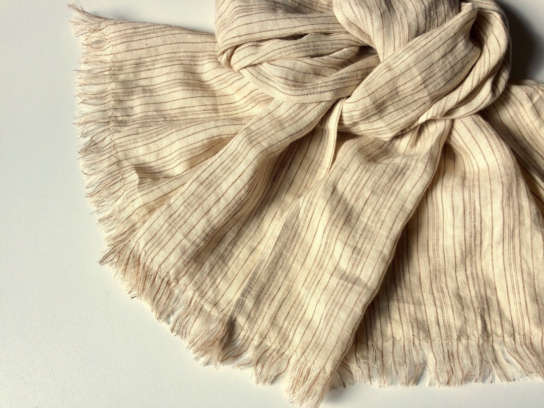 Beige Striped Linen Scarf: Soft Frayed Unisex Shawl - Etsy