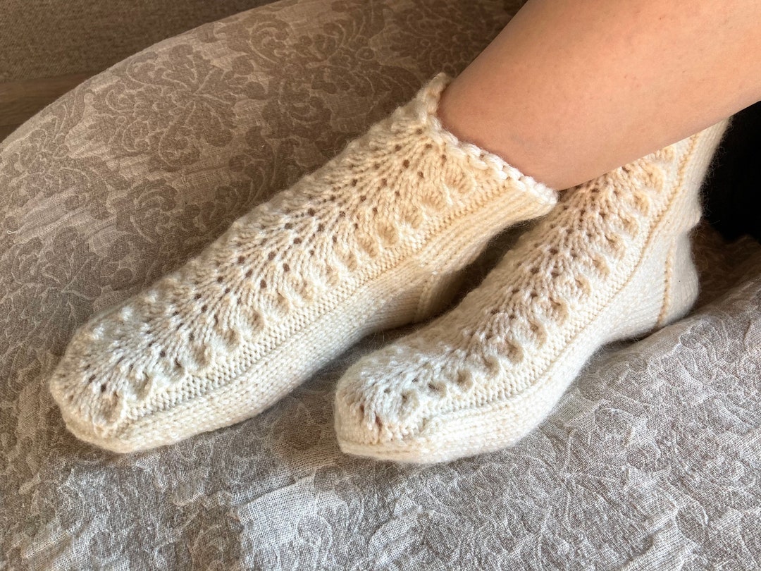 Hand Knitted Wool Bed Socks: Lace Ankle Slipper Socks - Etsy