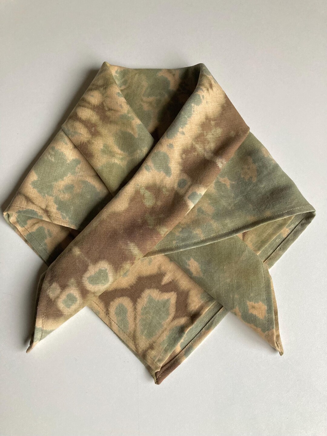 Green beige brown tie dye linen viscose bandana, abstract spotted ...