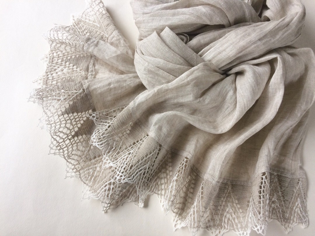 Linen Bridal Shawl With Wide Crochet Lace: Oversized Undyed Pure ...