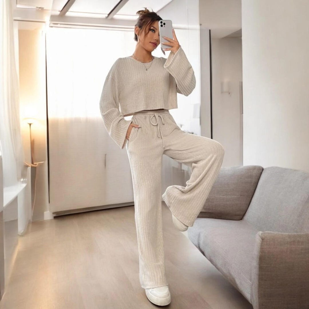Ribbed Knit Loungewear Set Cosy Two-piece Lounge Outfit, V-neck Jumper ...