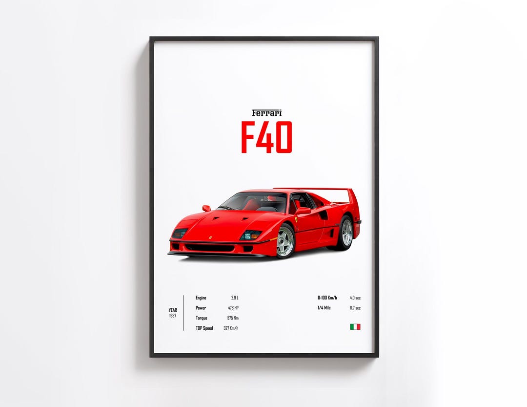 Poster Ferrari F40 1987 Car Poster Digital Car Portrait Digital Print ...