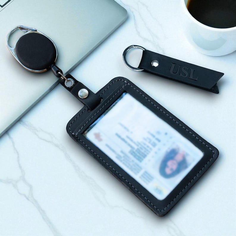 Personalized Leather ID Card Holder With Retractable Reel – Badge ...
