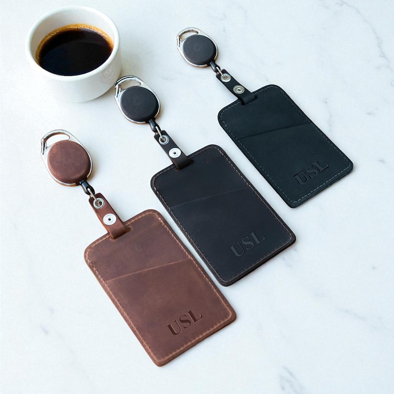 Personalized Leather ID Card Holder With Retractable Reel – Badge ...