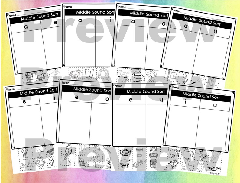 Middle Sound Sort Cut & Paste Activities 11 Pages Short and Long Vowels ...
