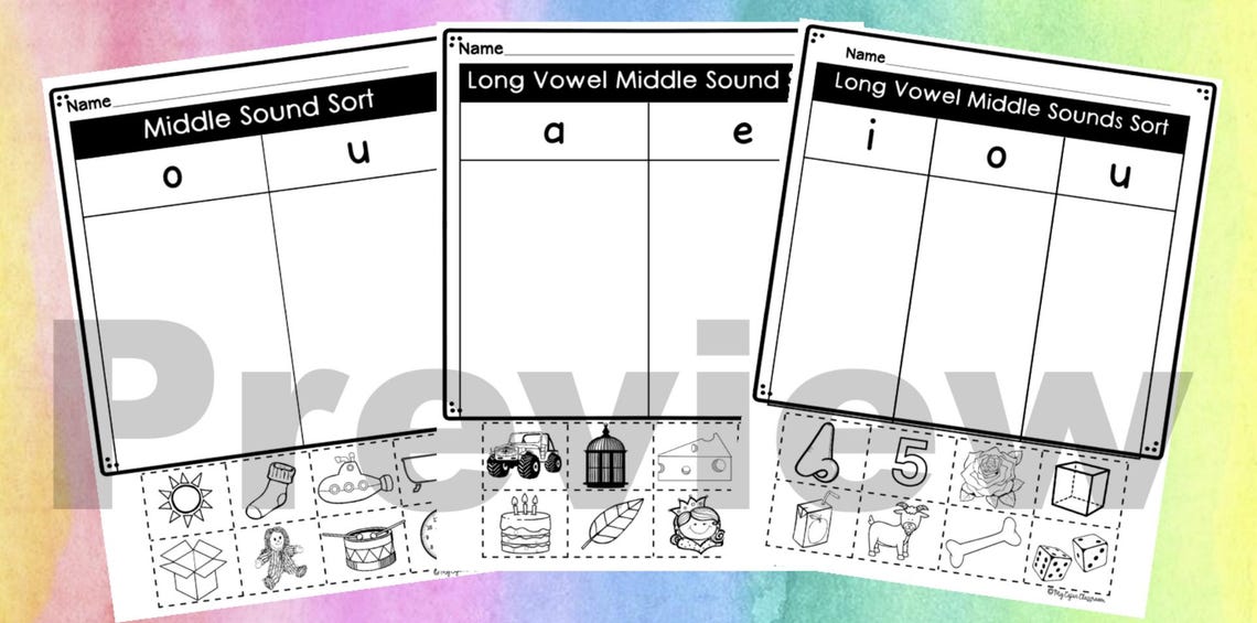Middle Sound Sort Cut & Paste Activities 11 Pages Short and Long Vowels ...