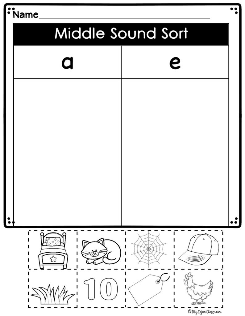 Middle Sound Sort Cut & Paste Activities 11 Pages Short and Long Vowels ...