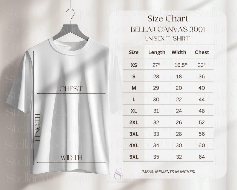 Bella Canvas 3001 Size Chart T-shirt Bella Canvas 3001 Measurement Mockup Oversized Size Chart ...