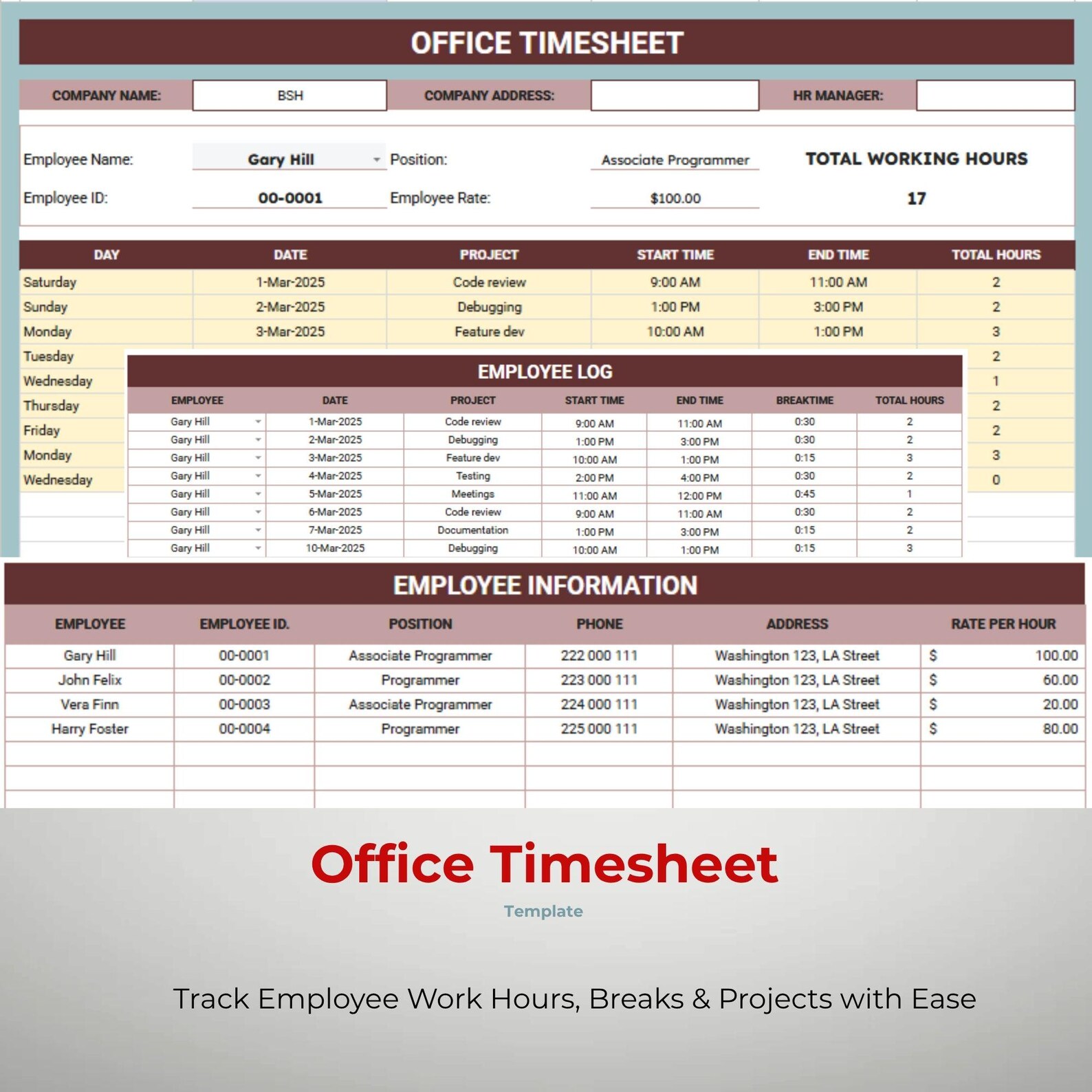 Office Timesheet Dashboard for Google Sheets — Employee Attendance ...