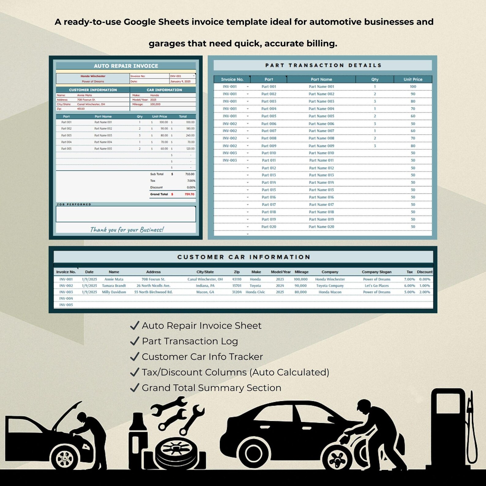 Auto Repair Invoice Template, Google Sheets Mechanic Bill, Editable Car ...