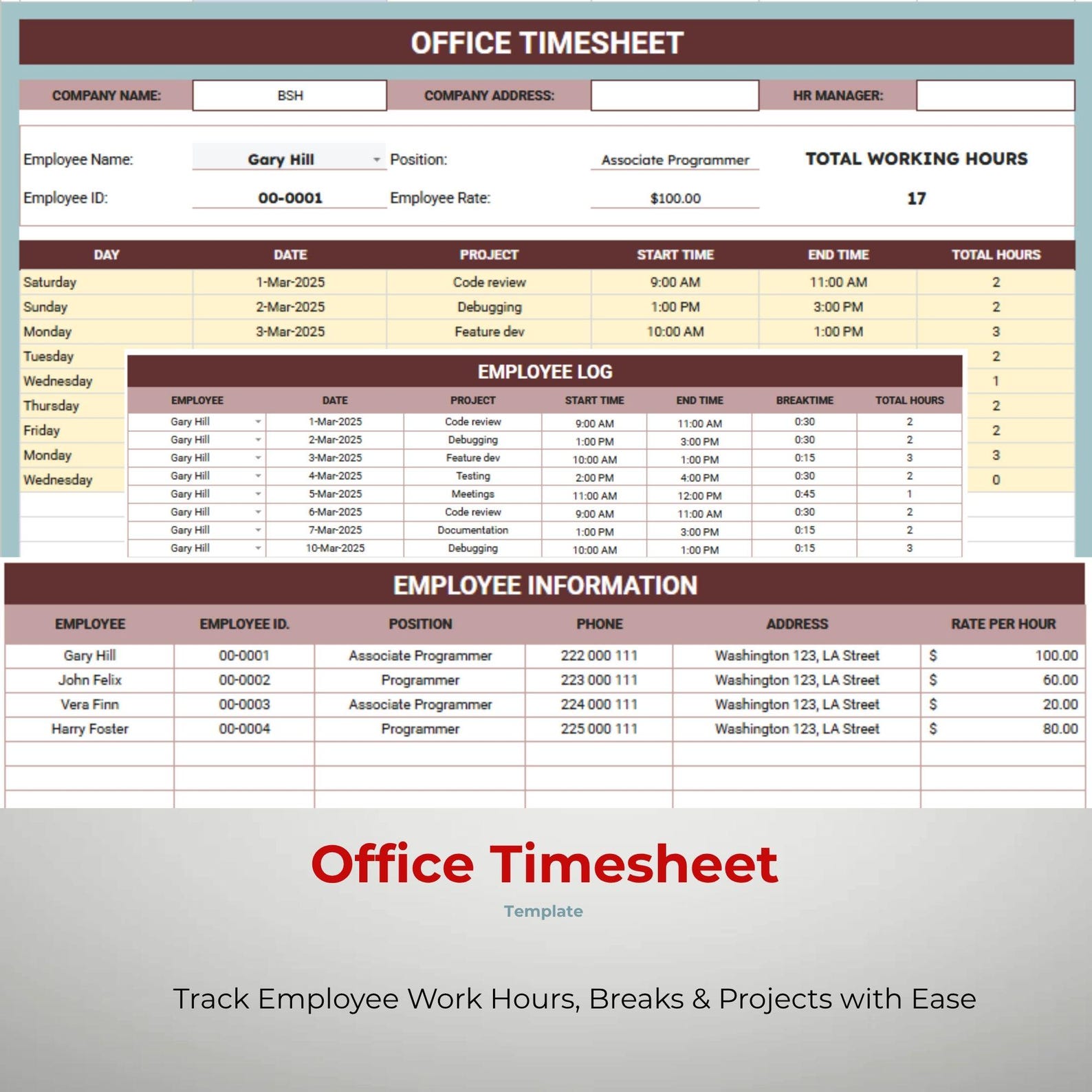 Office Timesheet Dashboard for Google Sheets — Employee Attendance ...