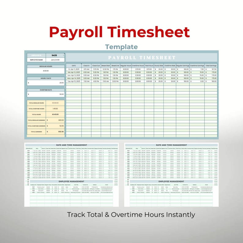 Payroll Timesheet Template, Google Sheets, HR & Payroll Tools, Employee ...