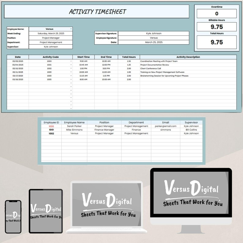 Activity Timesheet Dashboard for Google Sheets — Work Hours Tracker ...
