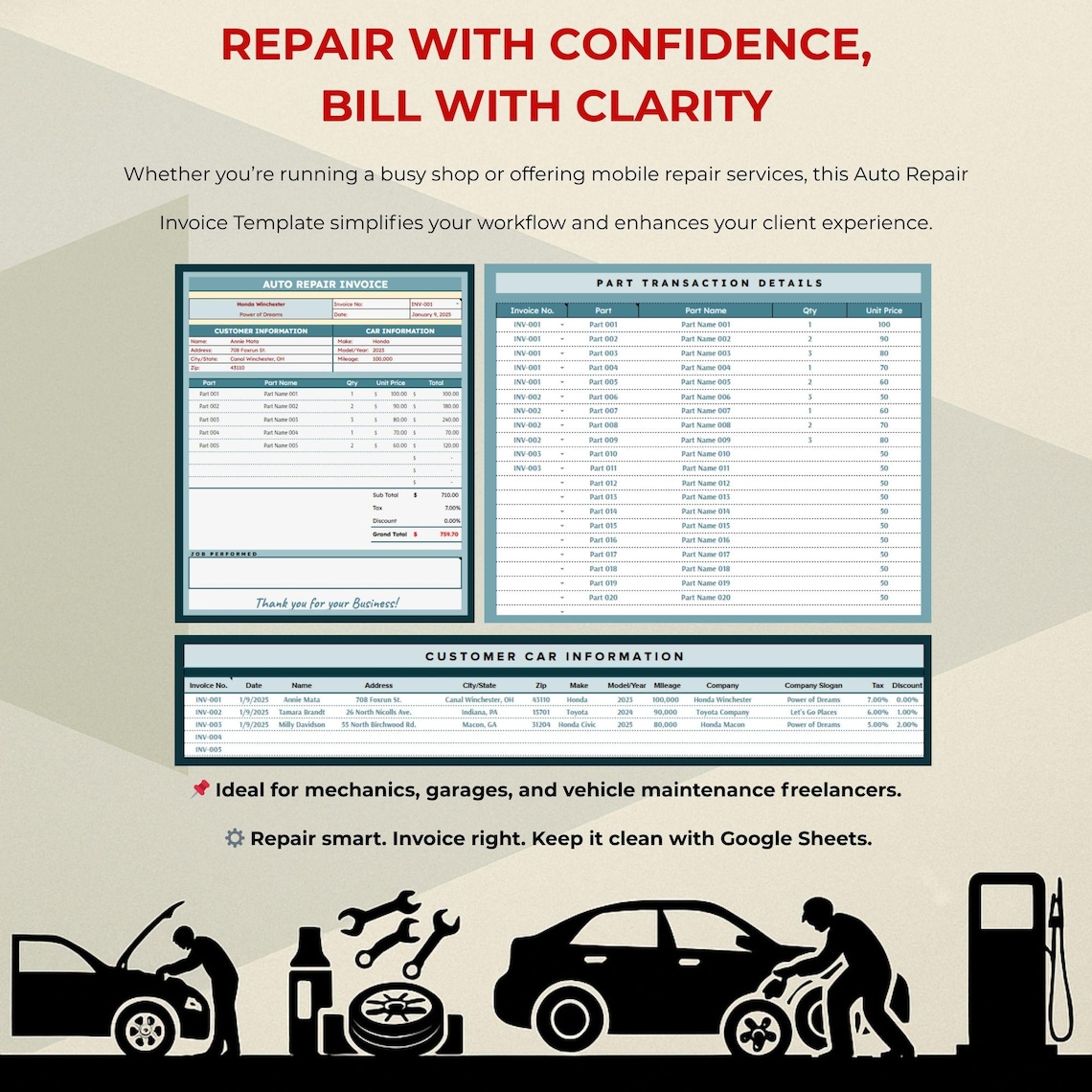 Auto Repair Invoice Template, Google Sheets Mechanic Bill, Editable Car ...