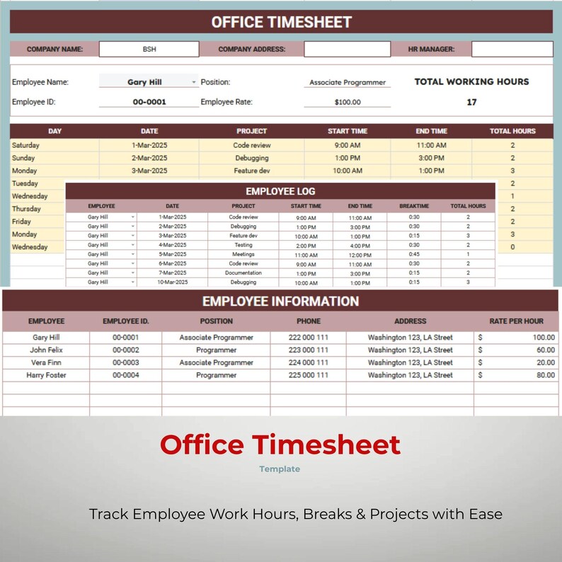 Office Timesheet Dashboard for Google Sheets — Employee Attendance ...