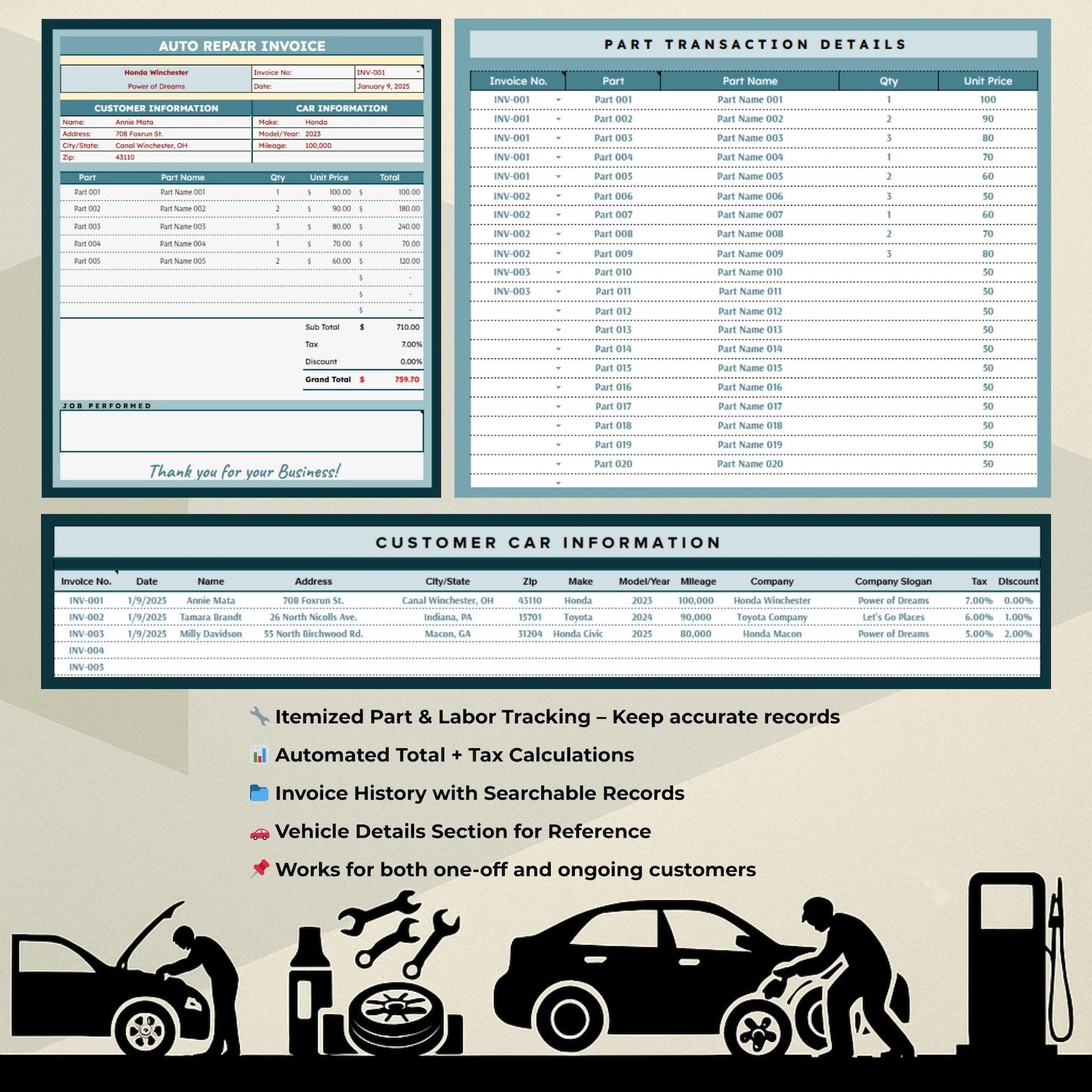 Auto Repair Invoice Template, Google Sheets Mechanic Bill, Editable Car ...