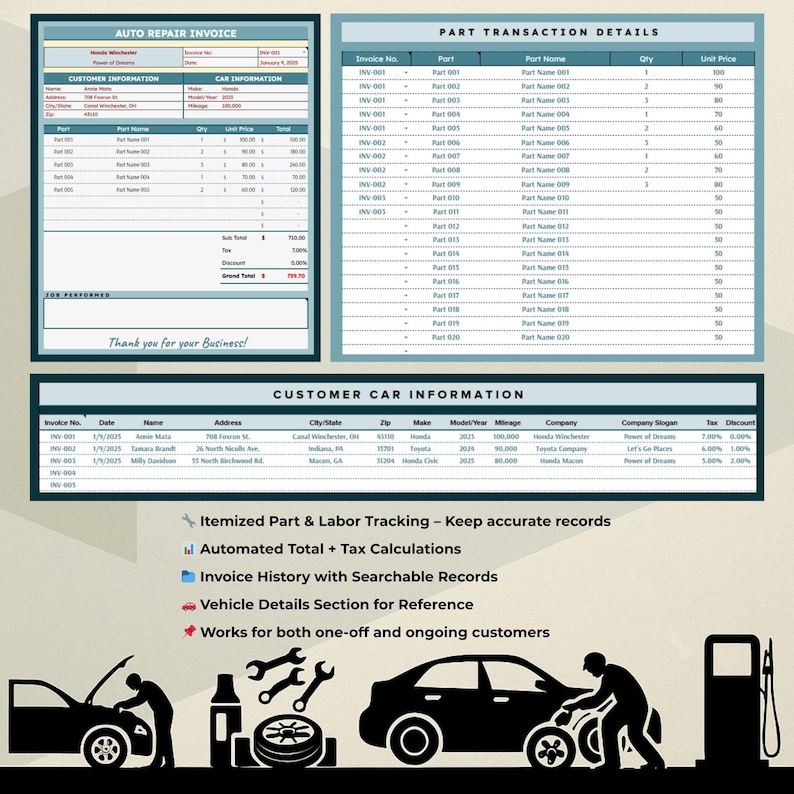 Auto Repair Invoice Template, Google Sheets Mechanic Bill, Editable Car ...