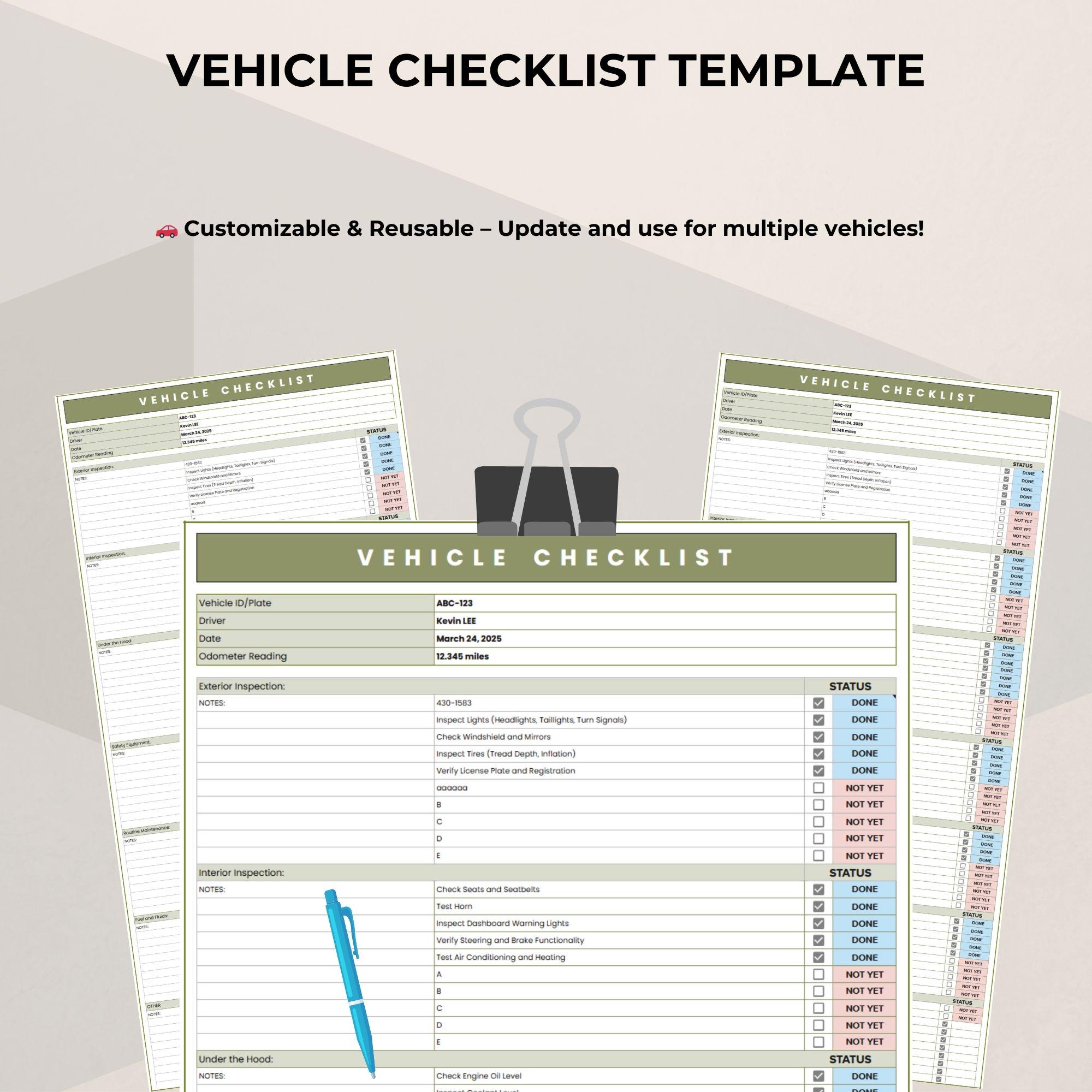 Vehicle Checklist, Google Sheets Car Maintenance Log, Editable Vehicle ...